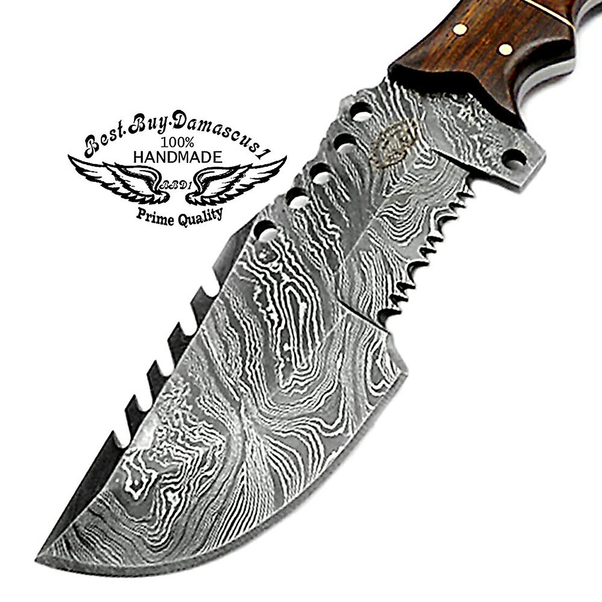 Best.Buy.Damascus1 Rose Wood 9.5'' Fixed Blade Custom Handmade Damascus Steel Tracker Hunting Knife Brass Pins Spacers Unique Beautiful File Work On Handel Come With Leather Sheath Prime Quality