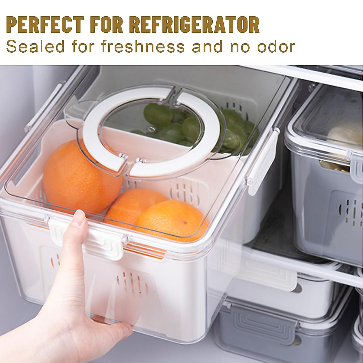Dualshine Airtight Fruit Storage Containers for Fridge with lid and Handle,4 Removable Colanders,Food Storage Container for Fruit, Vegetables,Fresh Produce Saver,Great Refrigerator Organizer Bins