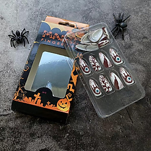 24 Pcs Halloween Press on Nails Almond White Fake Nails Blood stains and Terror Eyeballs Designs Full Cover False Nails with Glossy Stick on Nails for Women