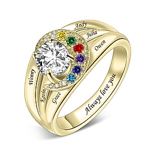 YITUB Personalized Mother Rings with 1-8 Simulated Birthstones Custom Name Ring for Women Engraved Family Ring Moon Ring For Mothers Day Mom Daughter Grandma Sisters (6 Stones)