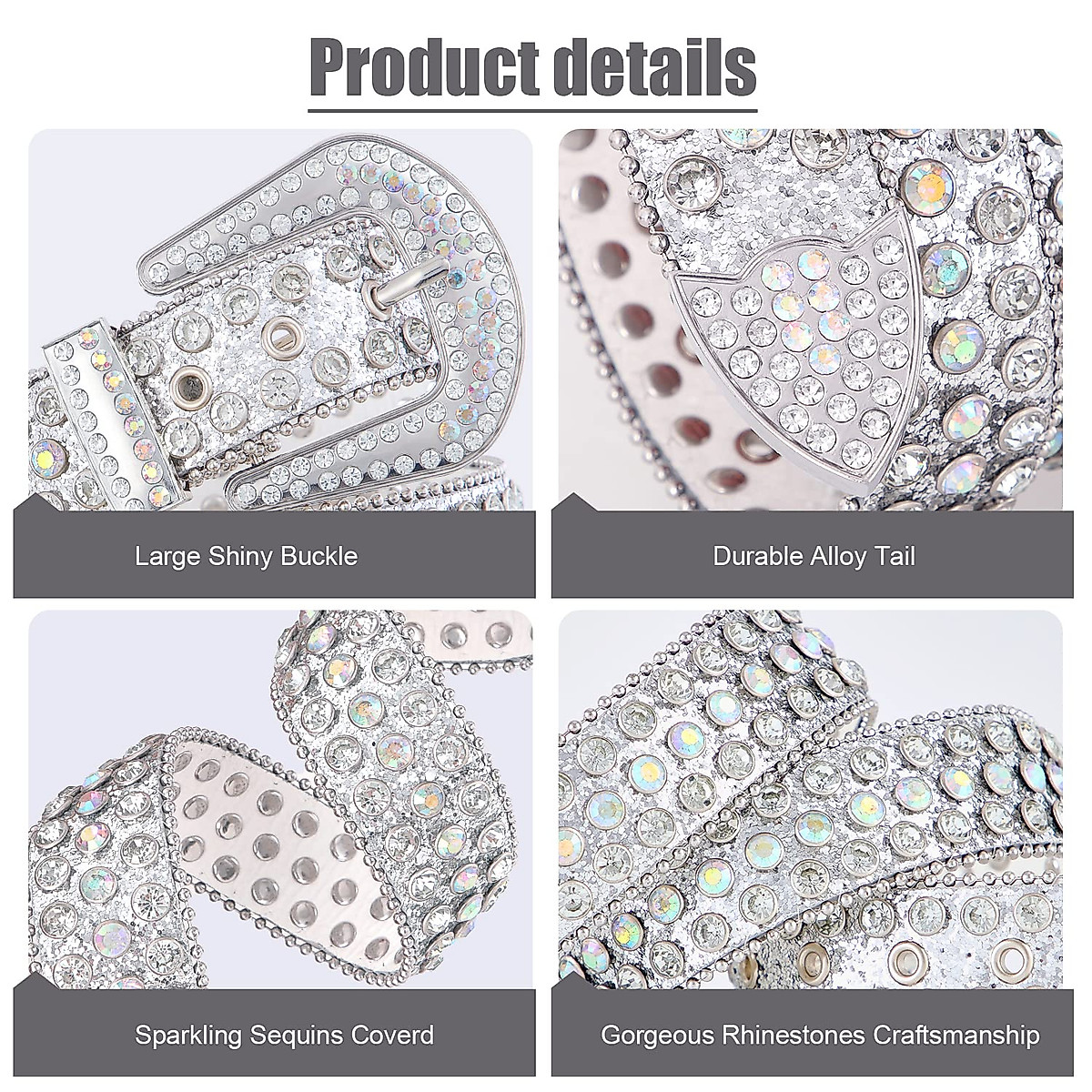 FIORETTO Men Women Rhinestone Belt Bling Shining Diamond Cowgirl Cowboy Western Studded Leather Belt Waist Belt for Jeans Pants Silver