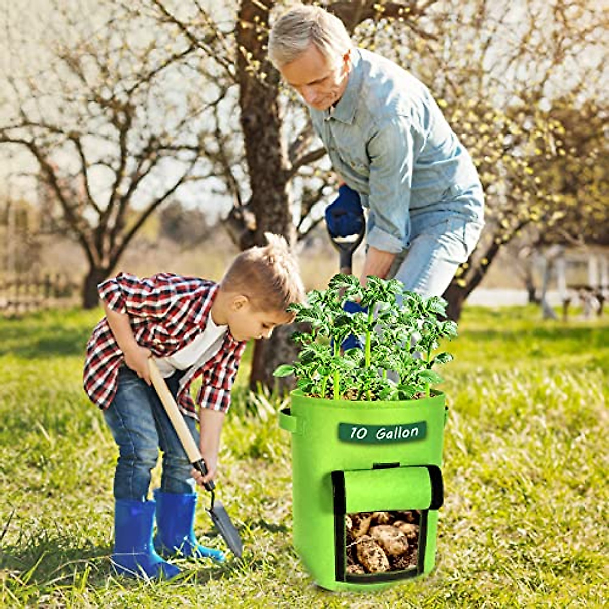 Qaxlry Potato Growing Bags, 2 Pack 10 Gallon Double Thickened Felt Potato Grow Containers with Handles & Access Flap for Potatoes, Tomato, Carrot, Onion, Vegetables, Fruits, Plants