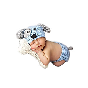 Newborn Baby Girl Boy Photo Props Outfits Crochet Knitted Blue Dog Hat Shorts with Bone Set for Boys Girls Photography Shoot (0-6 Months)