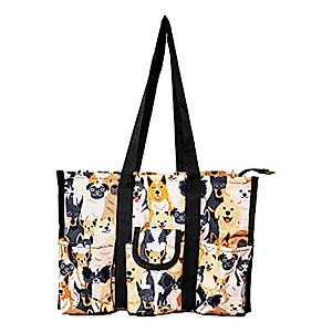 SONA G DESIGNS Multi Pocket Organizing Tote Bag for Nurses, Students, Teachers, Women Zipper Top (Dogs)