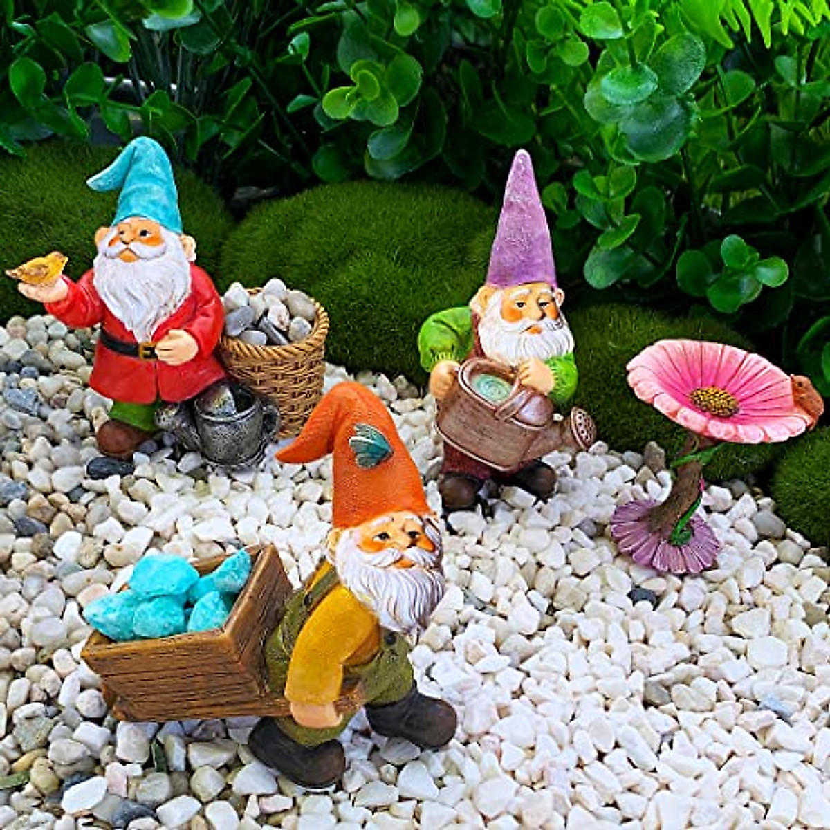 Mood Lab Miniature Gardening Gnomes Set of 4 pcs - 3,5" H Garden Gnome Figurines & Accessories Kit - Outdoor or House Decor