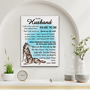 OEWD Romantic to My Husband I Fell in Love with You Canvas Wall Art Poster Print Gift, Watercolors Wolf Husband Painting Ready to Hang Home Decor (11.5" x 15")