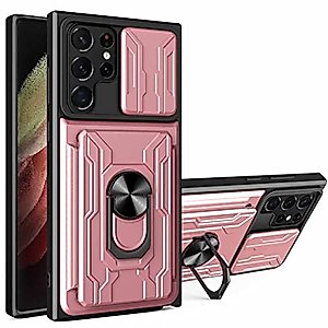 CCSmall Case for Samsung Galaxy S22 Ultra (Not S22) with Card Holder, Heavy Duty Protection Phone Case with Magnetic Ring Kickstand Slide Camera Cover for Samsung Galaxy S22 Ultra LJK Rose Gold