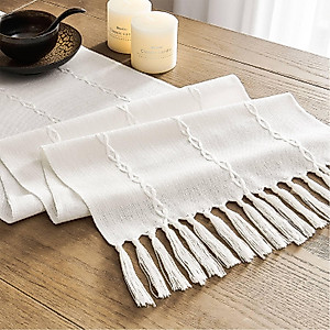 ZeeMart Farmhouse Table Runner, Rustic Table Runners 48 Inches Long, Linen Boho Table Runner, Braided Striped White Table Runner for Dining Party Holiday, 15x48 Inches, Braided Off White