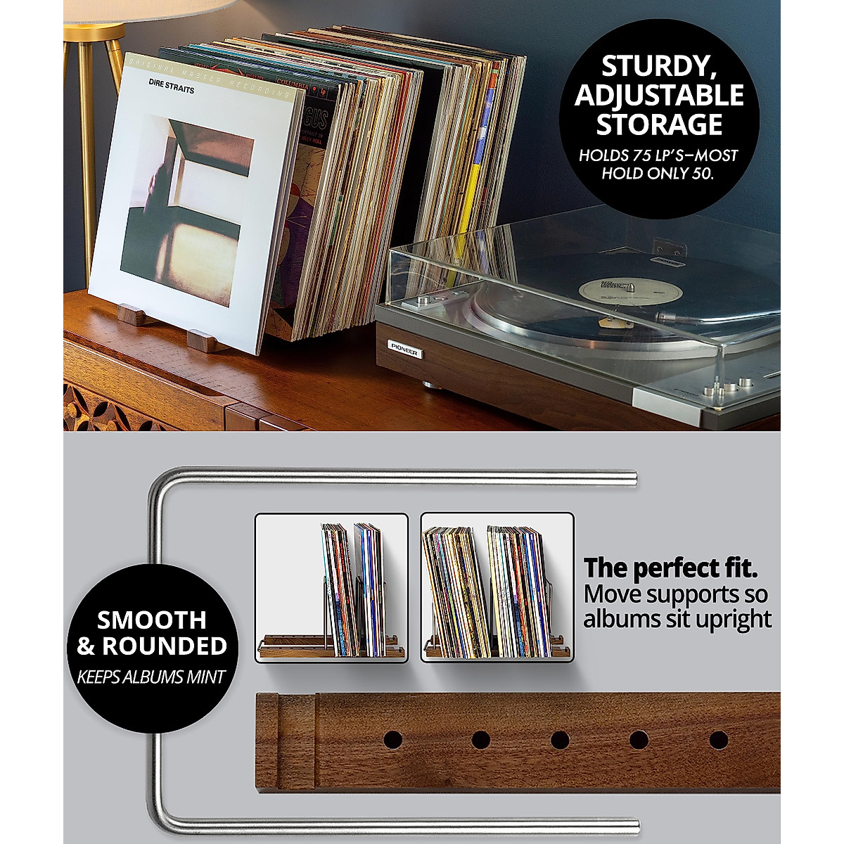 Durable Vinyl Record Storage Holder for 75 LPs, Solid Walnut Vinyl Record Stand with Built-in Now Playing Display, Sleek Vinyl Record Holder & Display for Albums