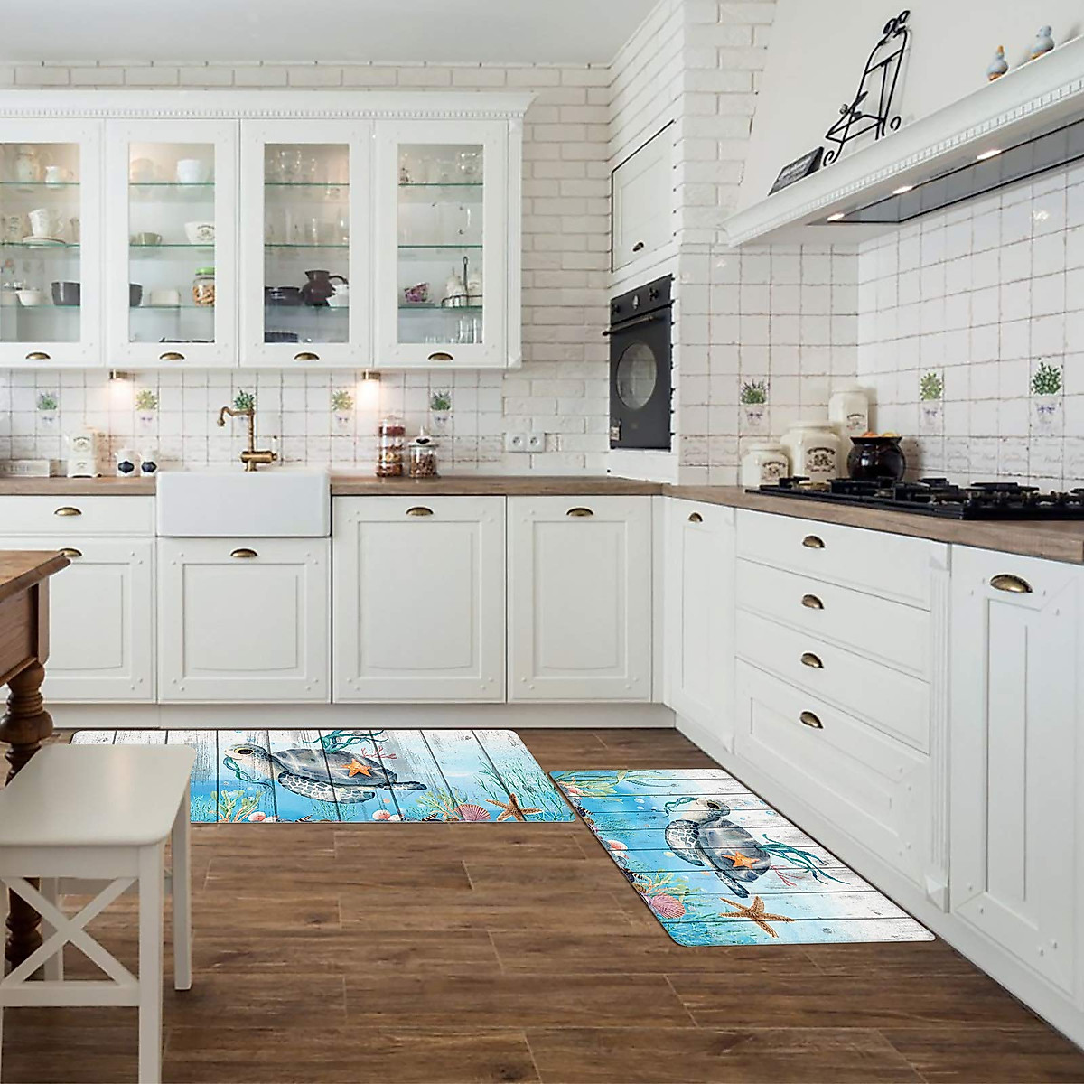 Possta Decor 2 Piece Kitchen Mats Nautical Turtles Starfish Seaweed Shells,Non Slip Doormats Area Runner Rug Set,Blue Ocean Farm Retro Plank Super Soft Comfort Standing Mat for Bedroom Living Room
