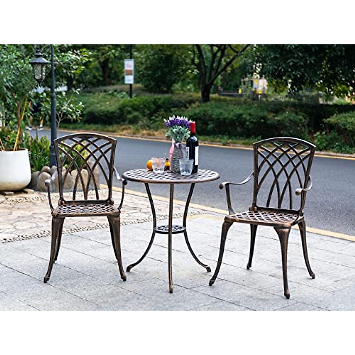 ZOTORUN Bistro Set 3 Piece Rustproof Cast Aluminum Patio Furniture Sets Round Table with Umbrella Hole for Outdoor, Patio, Balcony, Bronze