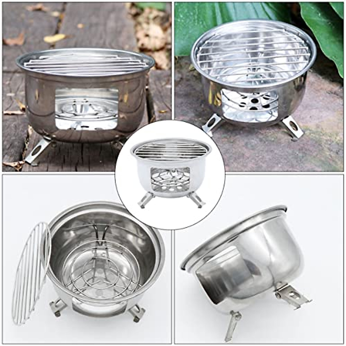INOOMP 1set Folding Barbecue Backing Tabletop Outdoor Camping Stainless Grill Small Garden Wood Portable Travel Picnic Charcoal Bbq Steel Round Burning for Stove of