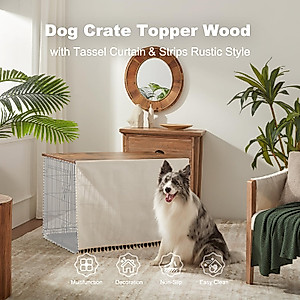 VIE DE AMAN Dog Crate Topper Wood for 48 42 36 24 inch Cages, Dog Crate Table Topper with Tassel Curtain, Rustic Style Dog Kennel Topper, Rustic Brown(Dog Crate Not Include)