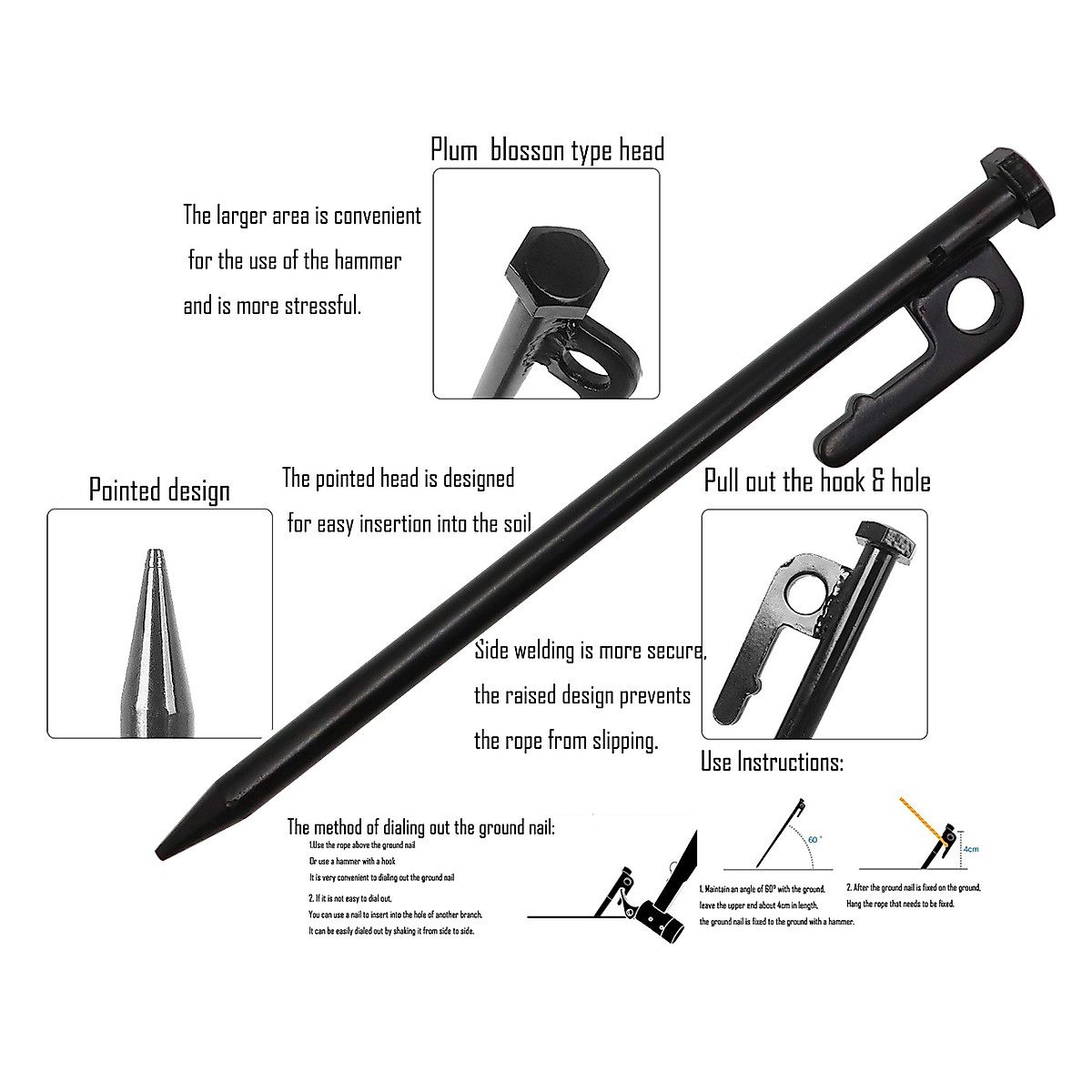 LBY 10pcs Tent Stakes, 20cm(7.87'') Heavy-Duty Steel Solid Tent Stakes Pegs, Steel System Outdoor Tent Nail Camping Stakes, 45#Steel (Black)