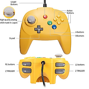MODESLAB 2 Pack Wired N64 Controller, Gamepad Joystick Replacment Original 64 Controllers Compatible for N64 Console Upgrade [ 3D Analog Stick ] - Yellow