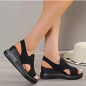 DOIX Mesh Wedges Sport Sandals for Women Comfortable Elastic Ankle Strap Fish Mouth Sandals Casual Slip on Platform Sandals Breathable Open Toe Walking Shoes Sneakers,Black,US7/EU38