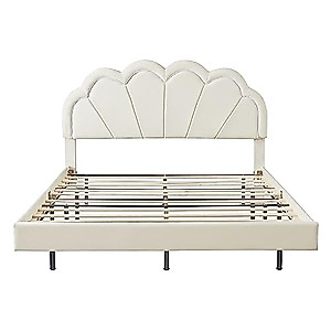 Harper & Bright Designs Upholstered Platform Bed, Queen Size LED Floating Velvet Wood Bed Frame with Elegant Flowers Velvet Headboard, Wood Slat Support, No Box Spring Needed, Easy Assembly (Beige)