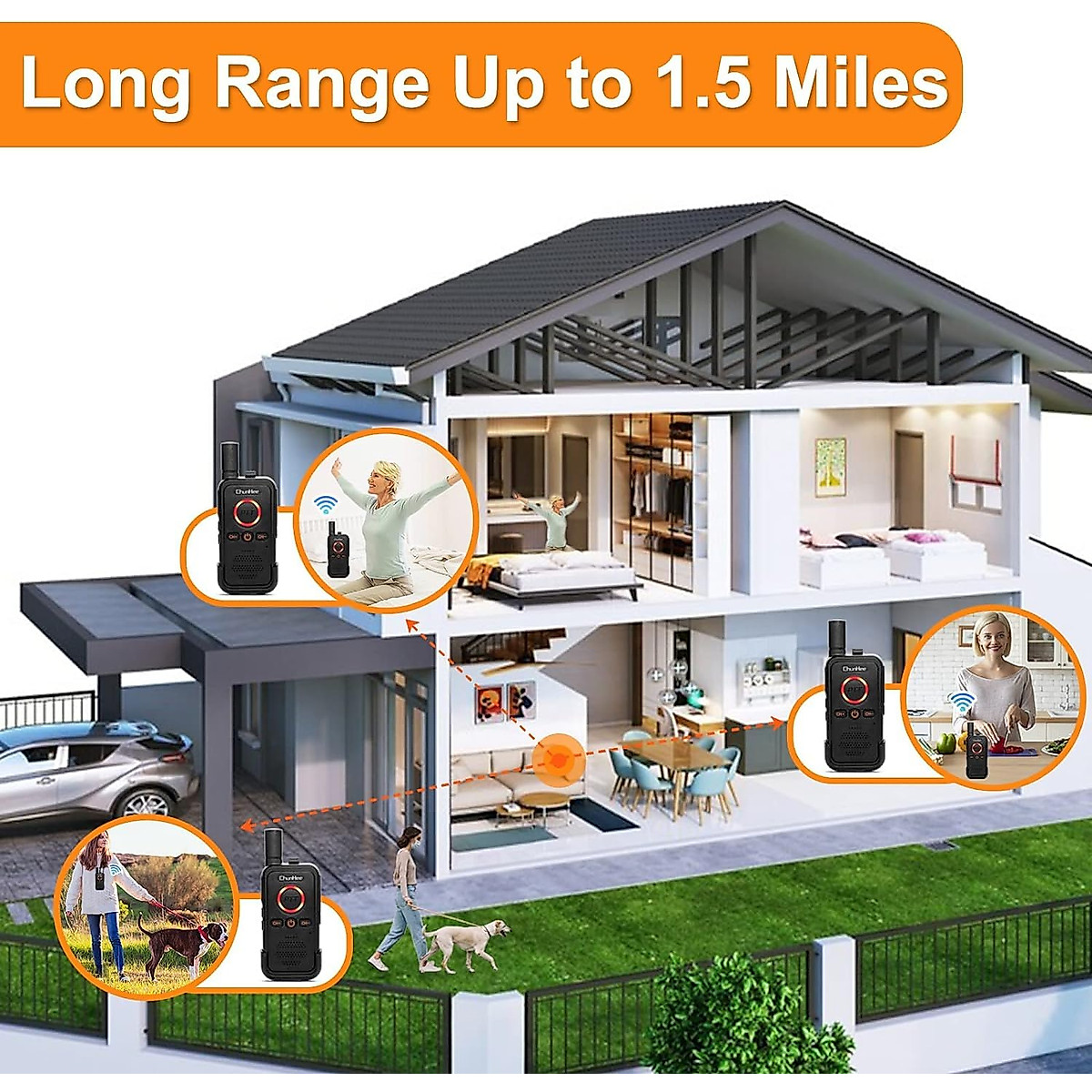 ChunHee 2 Pack Black Intercoms Wireless for Home Caregiver Pager Intercom for Elderly with Emergency SOS Alarm, 1.5 Miles Long Range Wireless Intercom System for Business Room to Room Communication