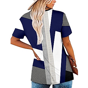 KISSMODA Tunic Tops Short Sleeve Shirts for Women Loose Fitting Casual Cute Shirt Summer Crewneck Lounge Plus Size Blouse Geometry 3XL