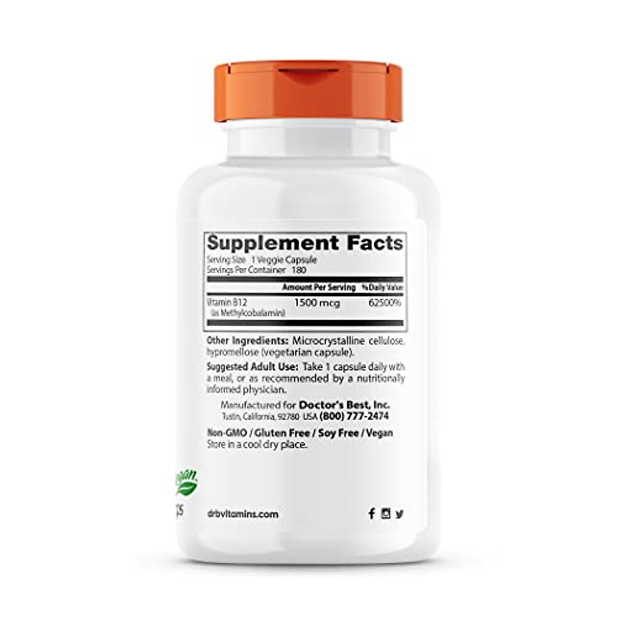 Doctor's Best Fully Active B12 1500 Mcg, Supports Energy, Mood, Circulation, Non-GMO, Vegan, Gluten Free, 180 Count