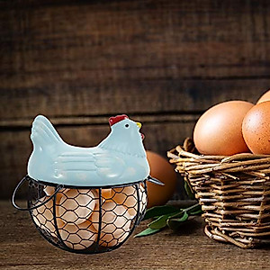 Round Chicken Wire Egg Baskets, Rustic Metal Egg Baskets for Fresh Eggs with Handle, Egg Holder Countertop Basket with Ceramic Lids, Country Farmhouse Vintage Style Gathering