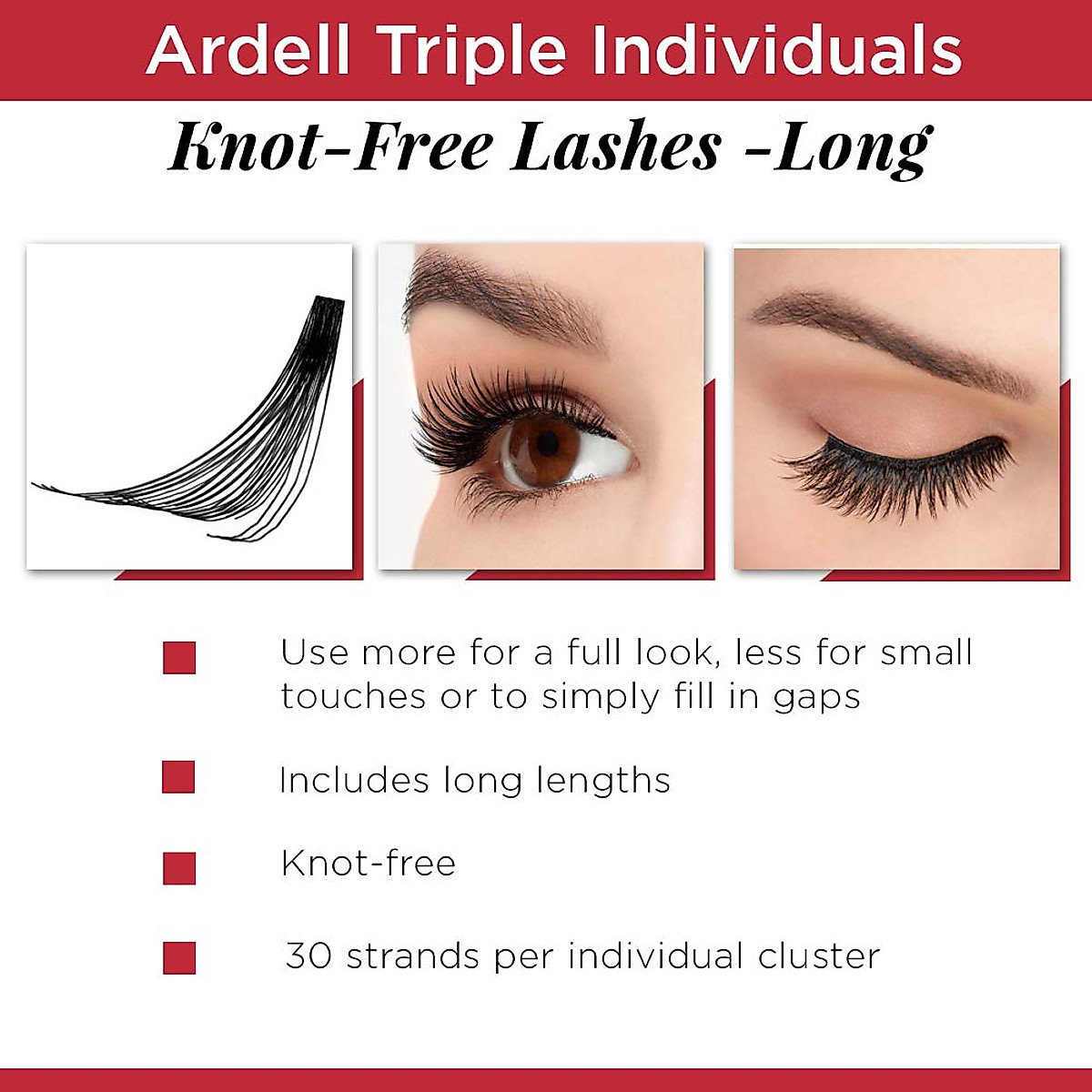 Ardell Triple Individual Lashes - Long Black, Knot-Free Eyelash Extensions, Volumizing DIY Lash Clusters for Fuller Lash Enhancement, 4 Pack