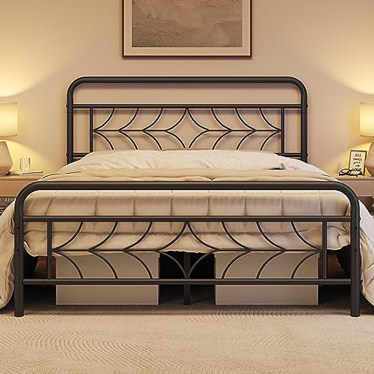 Topeakmart Queen Bed Frames Metal Platform Bed with Sparkling Star-Inspired Design Headboard and Footboard/13 Inch Underbed Storage/No Box Spring Needed/Sturdy Slat Support, Black Queen Bed