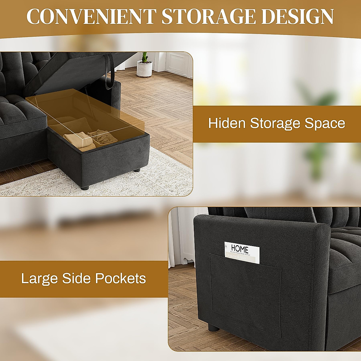 Wrofly 2 in 1 Convertible L-Shaped Sectional Sofa with Pullout Bed, 70.8" Velvet Sleeper Sofa with Reversible Storage Chaise, Modern Pull Out Couch for Living Room Bedroom Small Space, Black