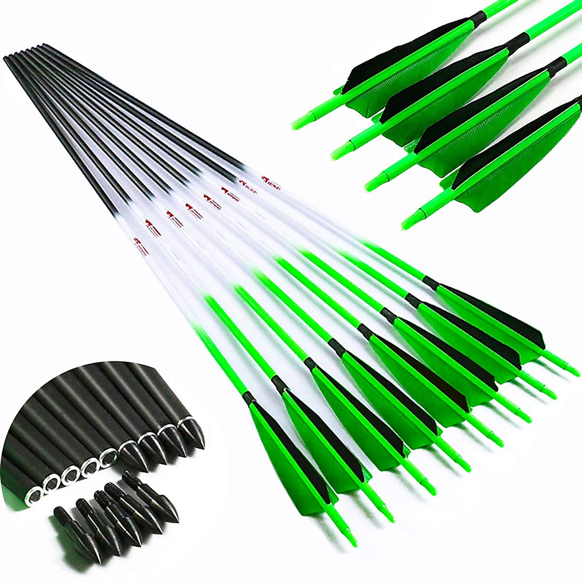 Linkboy Archery Carbon Arrows Hunting Practice Target Arrows Fluorescent with Removable Tip for Compound Recurve Long Bows, Spine 250 300 340 400 500 600 700 800, Pack of 6/12PCS