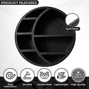 Wooden Crescent Moon Shelf Wall Decor - Decorative Boho Home Hanging Display Shelf for Bedroom, Dorm, Nursery - Easy Mount Storage for Crystals and Essential Oils - 14 x 14 x 3.5 (Black)