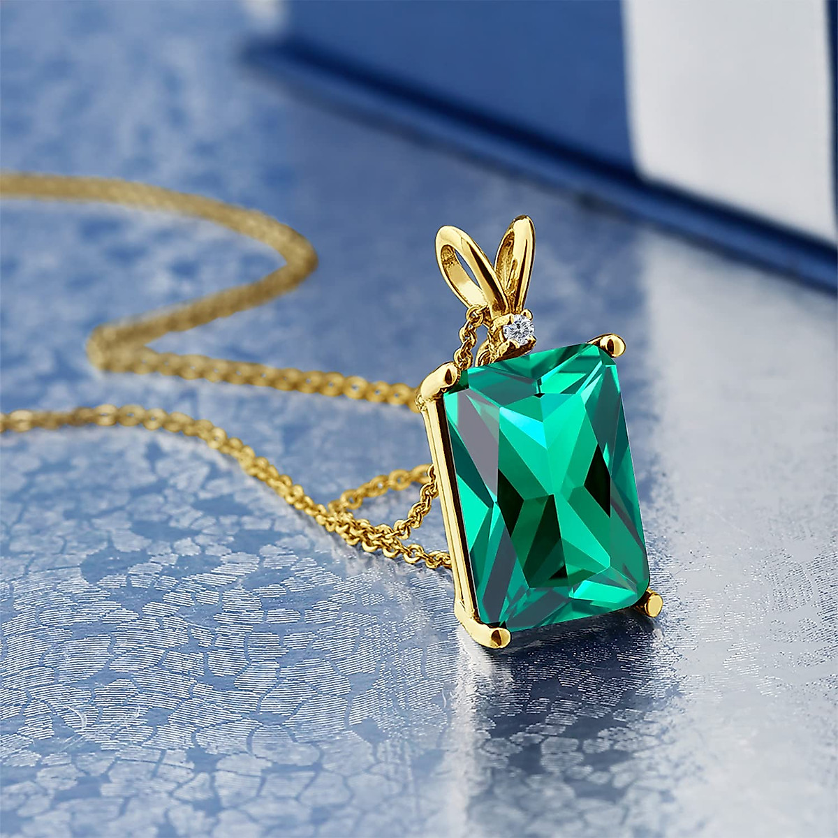 Gem Stone King 18K Yellow Gold Plated Silver Green Nano Emerald and White Diamond Pendant Necklace For Women (6.52 Cttw, Gemstone May Birthstone, Emerald Cut 14X10MM, with 18 Inch Silver Chain)