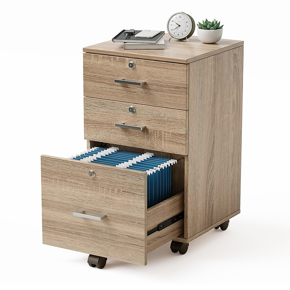 VINGLI Mobile 3 Drawer File Cabinets for Under Desk, Wooden Filing Cabinets for Home Office, Printer Stand & File Cabinet with Lock, 26-in H(Caster Included), Oak