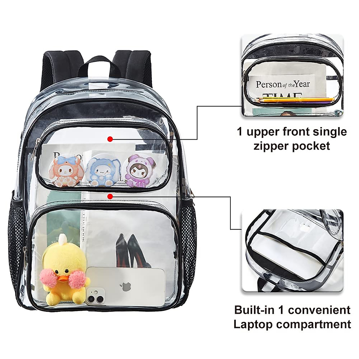 Clearworld Clear Backpack,Transparent Stadium Backpack with Reinforced Bottom & Multi-pockets, See Through Bookbag for Work, Security Check & Sporting Events