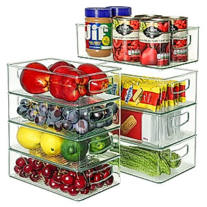 Set Of 8 Refrigerator Organizer Bins - 4 Large and 4 Medium Stackable Plastic Clear Food Storage Bin with Handles for Pantry, Freezer, Fridge, Cabinet, Kitchen Countertops - BPA Free