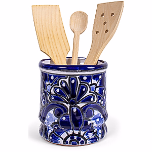 Genuine Mexican Kitchen Talavera Utensil Holder Hand Painted Pottery Ceramic for Kitchen Utensil Crock Spoon Rest Handmade in Mexico by Artisans (Blue)