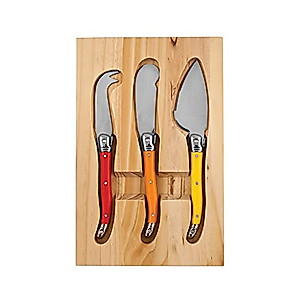 True Sunnyside Cheese Knives, Set of 3 Stainless Steel and Enamel Tools, Includes Wood Storage and Cheese Tray, Entertaining Gift Set