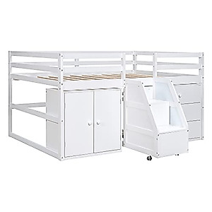 BIADNBZ Versatile Low Loft Bed Full Size, Wood Loftbed Frame with Storage Drawers and Cabinets, Hanging Clothes at The Back of The Staircase, for Kids Teens Boys Girls Bedroom,White