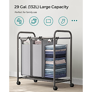 SONGMICS 3-Section Laundry Sorter, Laundry Basket with Wheels, Laundry Hamper with 3 Bags, Laundry Room Organizer, Removable Laundry Bag with Handles, Lockable Wheels, Gray ULSF003GS