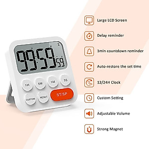 LIORQUE Kitchen Timer for Cooking, Magnetic Timer Clock with Large LCD Display, 3 Levels Volume, Shortcut Setting, Digital Timer for Kids Classroom Teacher (Battery Included)