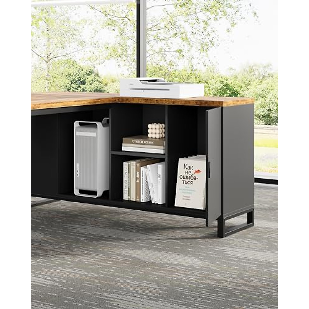 LITTLE TREE 70.8 Inches Executive Desk and 55 Inches File Cabinet Combo, Large L Shaped Computer Desk with Storage Cabinet and Shelves, Modern Business Furniture for Home Office, Rustic Brown & Black