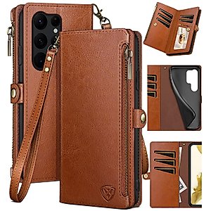 XcaseBar for Samsung Galaxy S21 Ultra Wallet case with Zipper Credit Card Holder【RFID Blocking】, Flip Folio Book PU Leather Phone case Shockproof Cover Women Men for Samsung S21Ultra case Light Brown