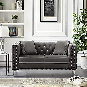 mikibama Velvet Loveseat with Jeweled Buttons and Square Arms 59 Inch Tufted Sofa with Trimmed Nailhead and Metal Legs Loveseat Couch with 2 Pillows for Living Room, Bedroom and Office (Gray)