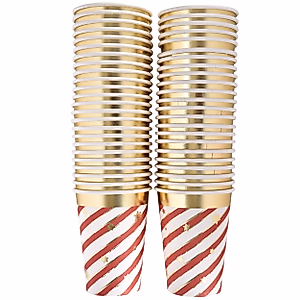 Gift Boutique 50 Disposable Christmas Cups 9 oz. Paper in Elegant Candy Cane Striped Design with Gold Foil Outline and Scattered Snowflakes for Holiday Party Supplies