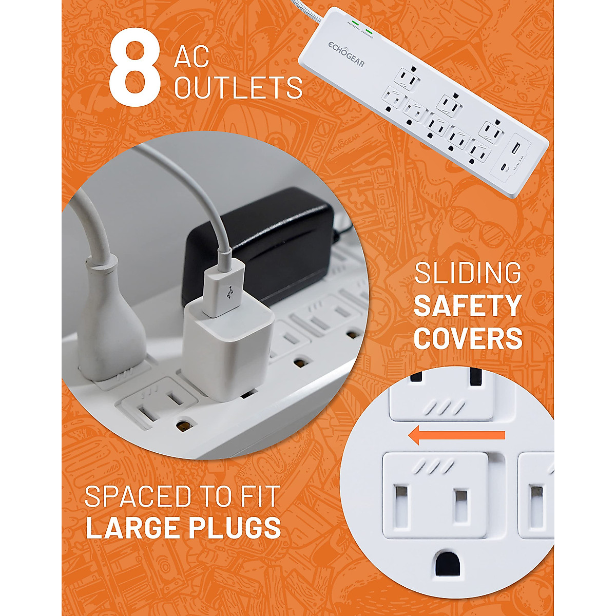 ECHOGEAR PowerBlitz Surge Protector Power Strip with USB-A & USB-C Ports - Low Profile Design with Braided 6' Cord, Flat Plug & 2160 Joules of Multi Outlet Surge Protection - White