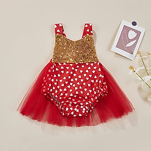 Yccutest Newborn Infant Baby Girl Valentines Day Bodysuit Outfit Toddler Onesie Sleeveless Heart Ruffle Romper Dress Headband (Red Romper Tulle Dress, 0-6 Months)