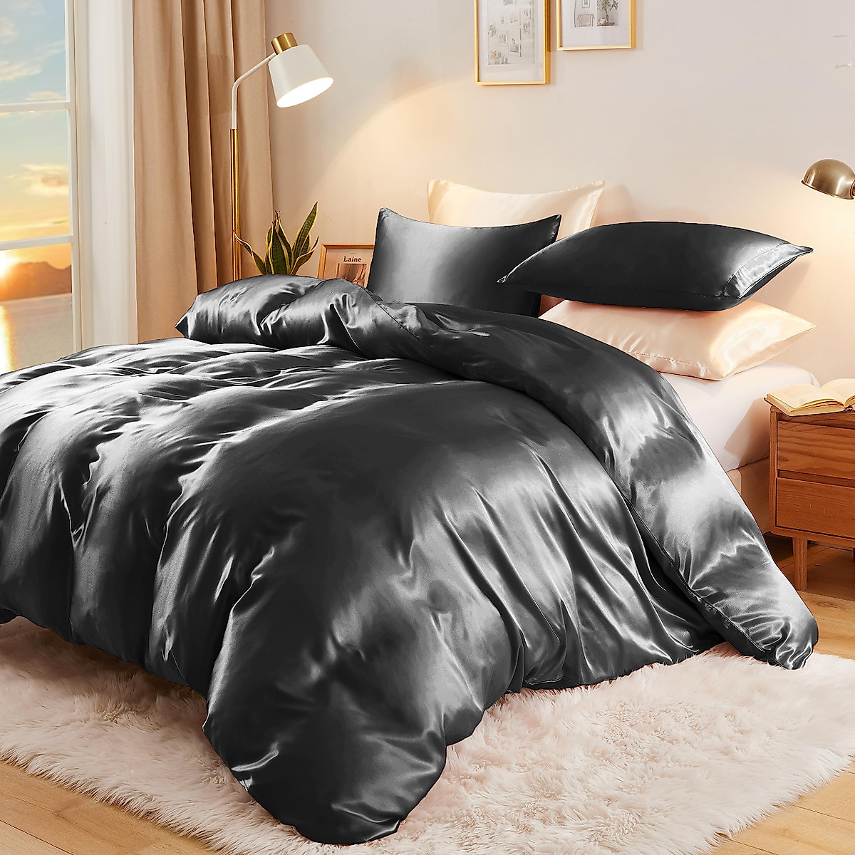 Vonty 3-Piece Silky Satin Duvet Cover Set King Size Comforter Cover, Organic Natural 400TC Black Duvet Cover Set - Luxury & Sexy Bedding Duvet Covers with Zipper Closure(No Comforter)
