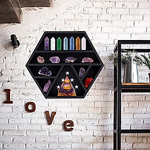 LYDWOO8D Hexagon Crystal Shelf Floating Shelves Crystal Holder,Crystal Shelf Display Shelf,Wooden Display for Boho Meditation & Gothic Decor
