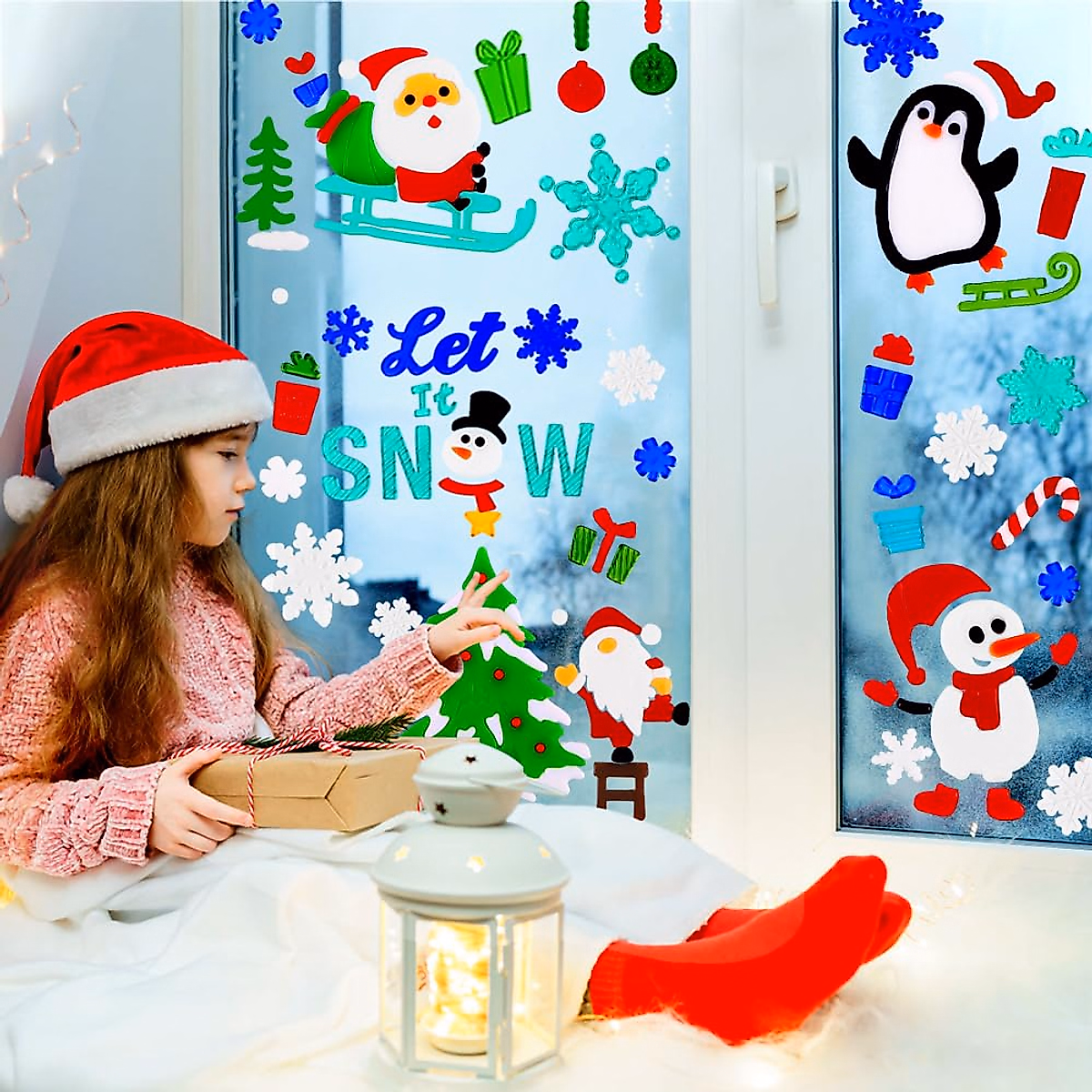 XIMISHOP 6pcs Christmas Gel Window Clings,Xmas Santa Claus Snowman Snowflake Penguin Window Clings Sticker for Christmas Window Decors