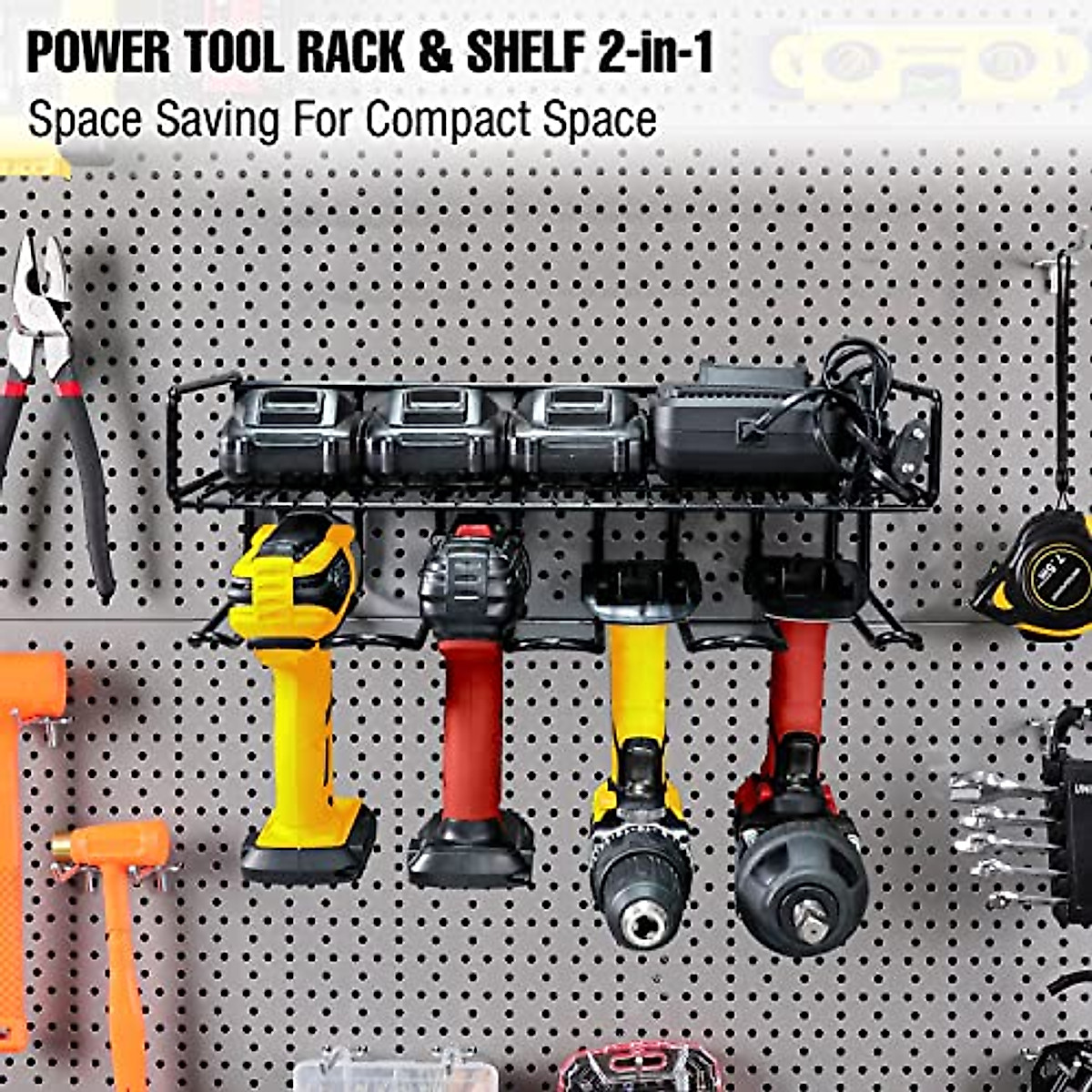 UNITEDPOWER Wall Mounted Power Tool Organizer Holder, Heavy Duty Utility Storage Rack for Battery Powered Hand Tools, Cordless Drill Rack and Tool Shelf w/Compact Design, Perfect for Father's Day