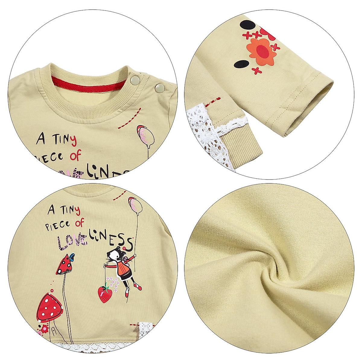 Little Girl's Long Sleeve Cartoon Pullover Shirt and Jeans Pants Outfit Set, Apricot, 4T